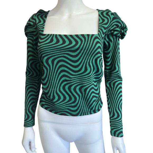 Zara | Tops | New Zara Size Small Green Black Puff Sleeves Rave ...